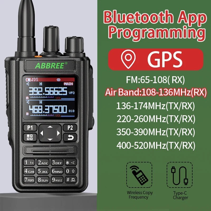 ABBREE AR-869 Walkie Talkie Bluetooth Program GPS 136-520Mhz Air Band Wireless Type C Two Way ...