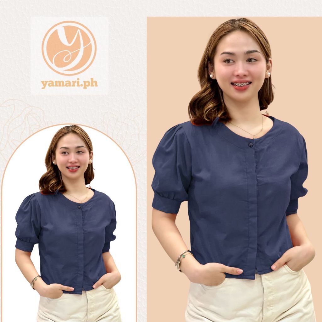 Yamari.PH Basic Casual linen round neck puffsleeves buttondown Polo top | VANESSA | Shopee ...