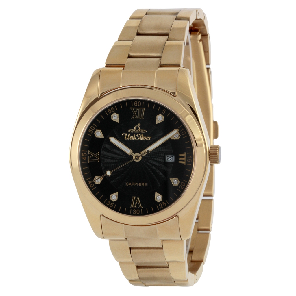 UniSilver TIME Men's Analog Sapphire Black/Gold / Window date Stainless ...