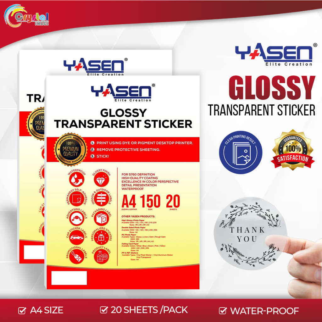Yasen Waterproof Transparent A4 Vinyl Sticker 150GSM (20 Sheets/Pack ...