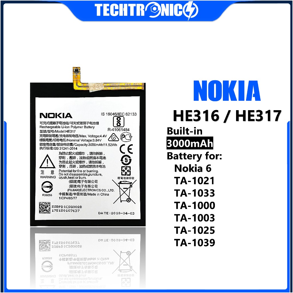 Battery HE316 HE317 Nokia 6 TA-1021 TA-1033 TA-1000 TA-1003 TA-1025 TA ...