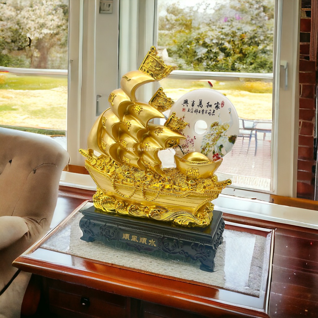 Feng Shui Gold Dragon Sailing Ship (Boat) Decor Statue for Fortune ...