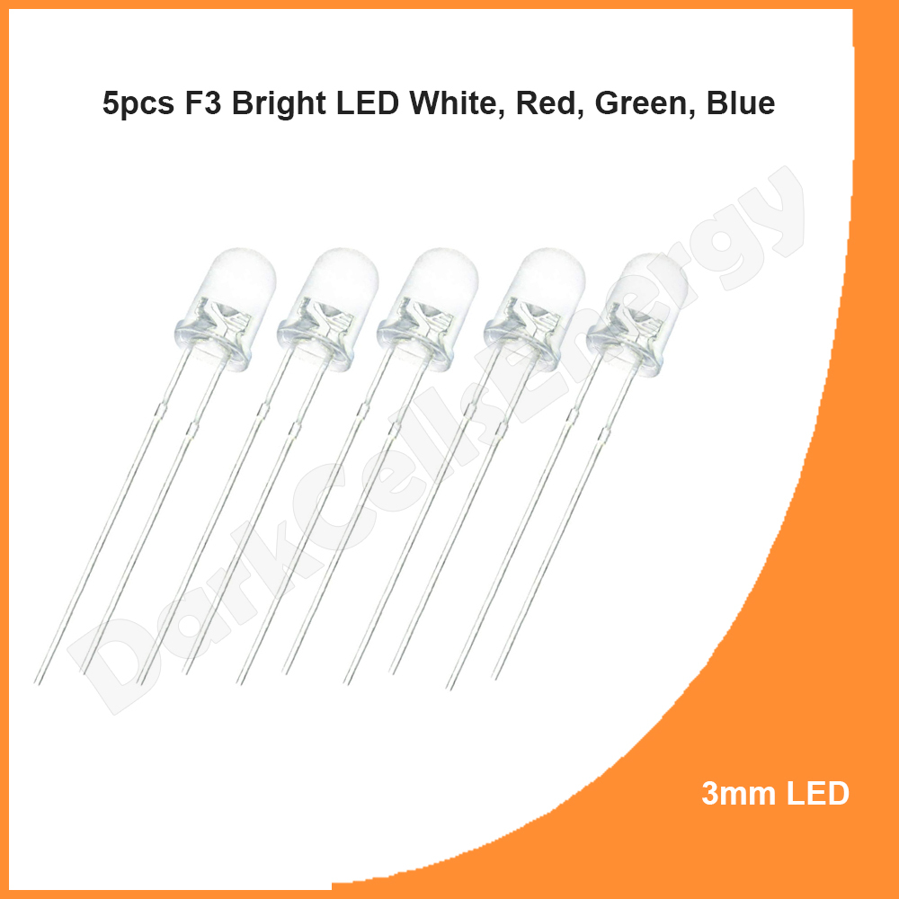 5pcs F3 Ultra Bright 3MM LED White, Red, Green, Blue Water Clear 20mA | Shopee Philippines