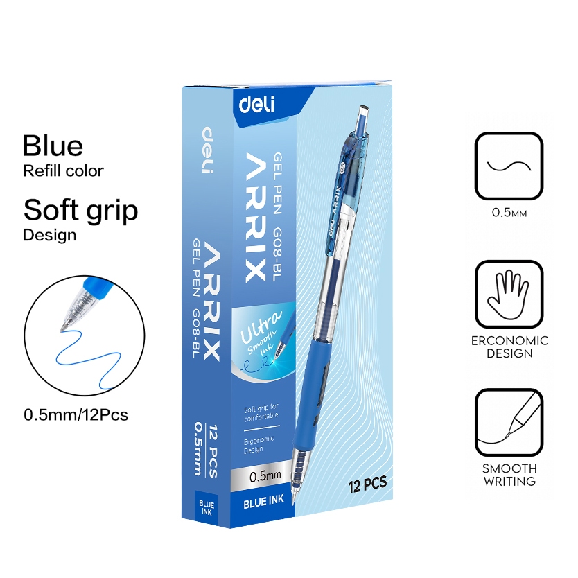 Deli EG08-BL Arrix Bullet Tip Gel Pen 0.5mm Blue 12pcs/ box [79EG08 ...