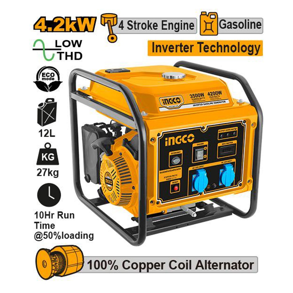 INGCO Inverter Gasoline Generator 4-Stroke 12L Copper Coil 212cc Air ...