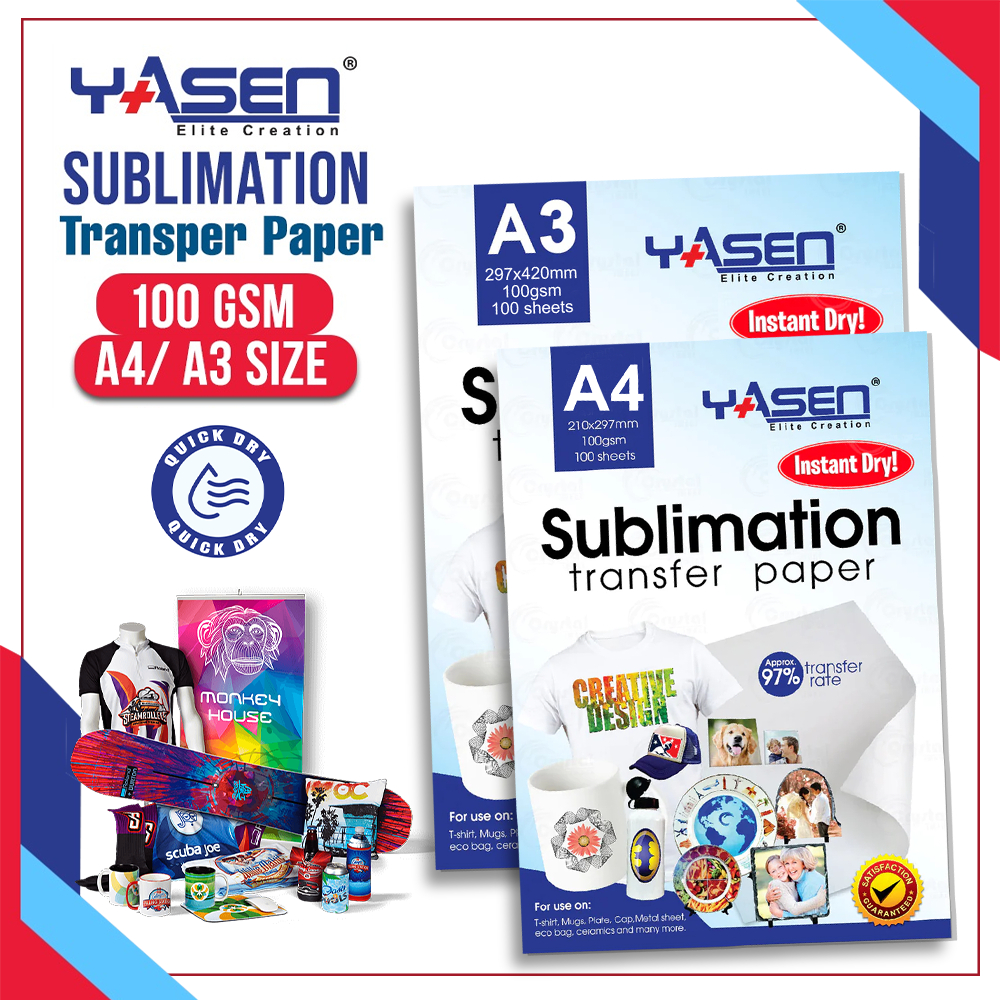 YASEN Sublimation Transfer Paper A4 A3 Size 100GSM Quick Dry Transfer Paper (100 / 50 Sheets ...