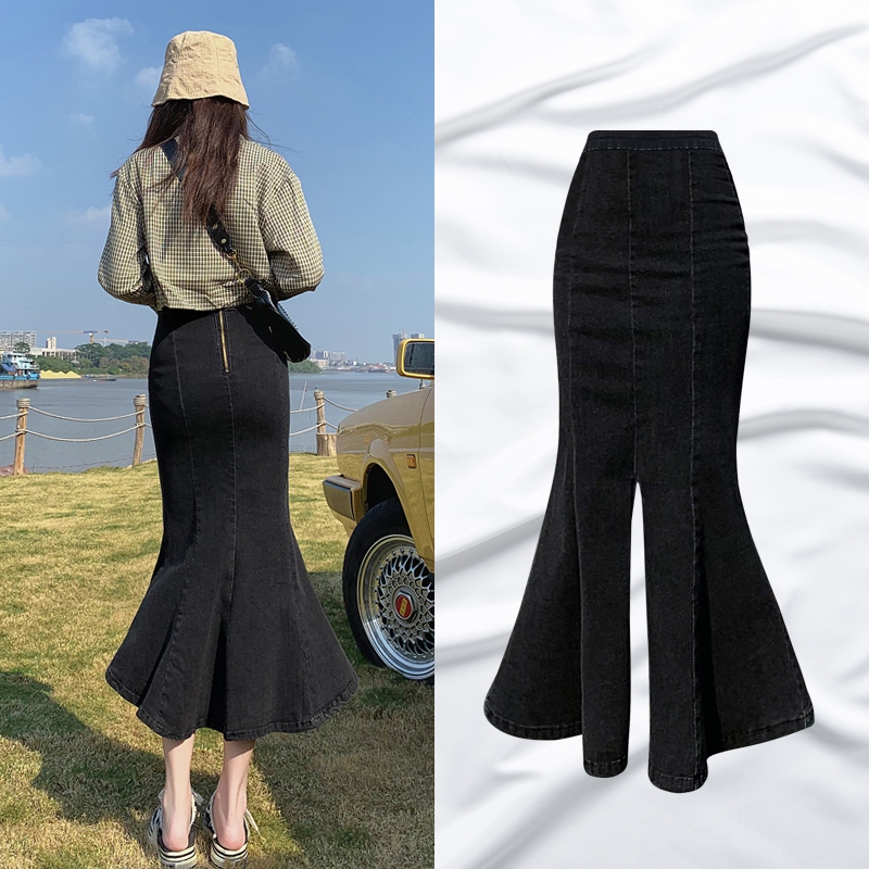 Korean style denim fish tail skirt with high waisted split long skirt ...