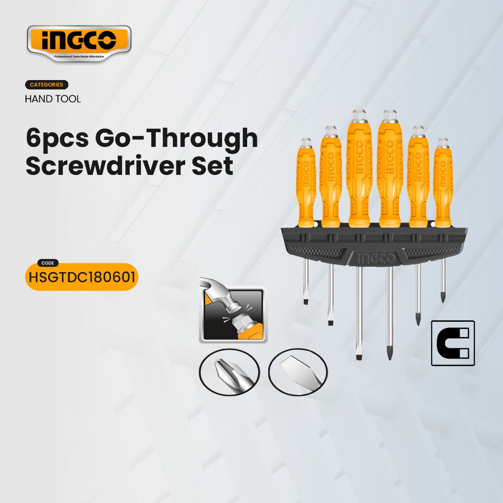 Ingco 6pcs DUAL FUNCTION Go-Through Screwdriver Set with Magnetic Tip Round Shank HSGTDC180601 ...