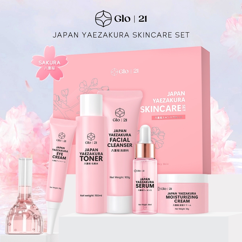 (GLO21)JAPAN YAEZAKURA SKINCARE SET-Morning and Night Routine Cleanser Hydrating Toner Serum ...