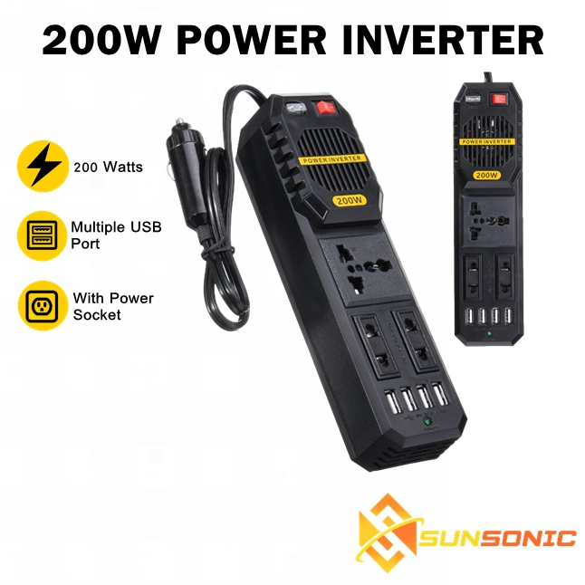 E8981 200W Ac/Dc 12V 220V Car Power Inverter With 4 Usb Charging Ports And 3 Ac Socket | Shopee ...