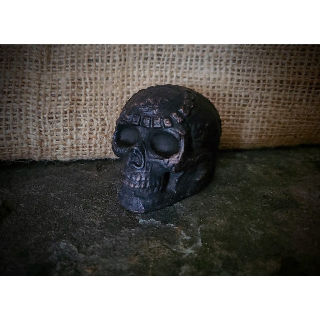 Aztec death whistle, Copper- coated with patina, Mayan Skull Instrument ...