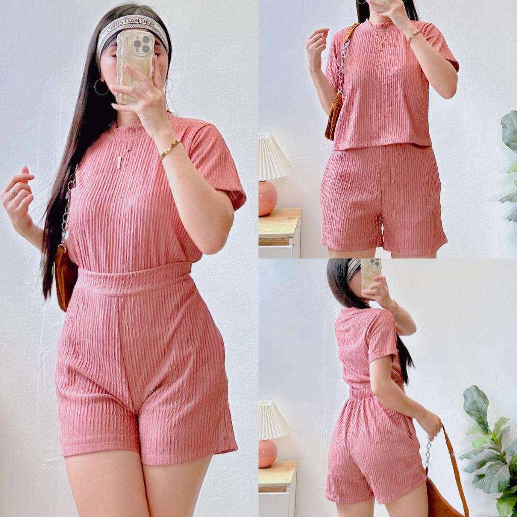 Ava Bark Crepe Round Neck Short Sleeve Top Terno Short Two Pockets ...