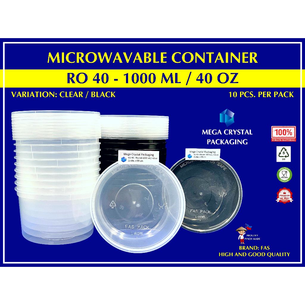 [ 10 Pcs ] Microwavable Container Round RO 40 - 1000 ml CLEAR / BLACK ...
