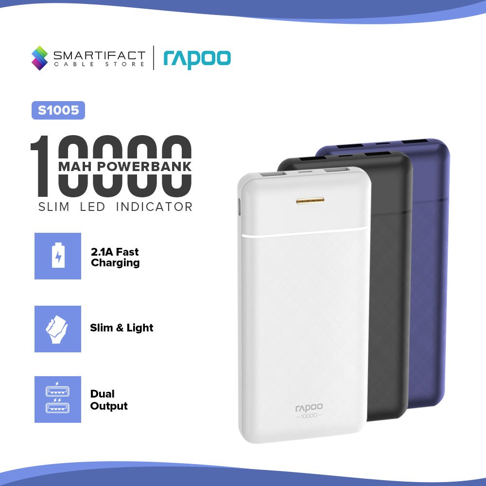Rapoo S1005 10000mAh Mini Powerbank Li Polymer Dual Output Fast Charge Slim Portable Power Bank ...