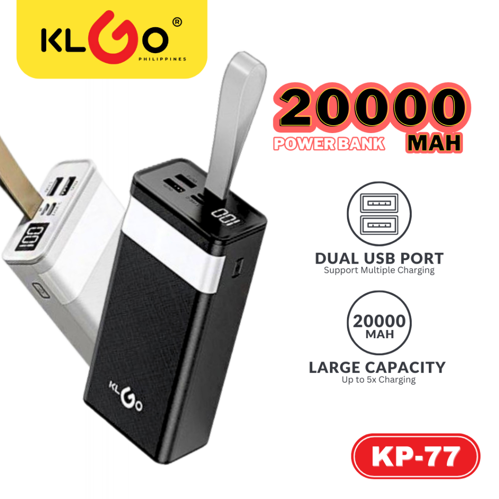 KLGO KP-77 20000mAh Portable Large Capacity 2.4A Powerbank with Flashlight Dual USB LED Display ...