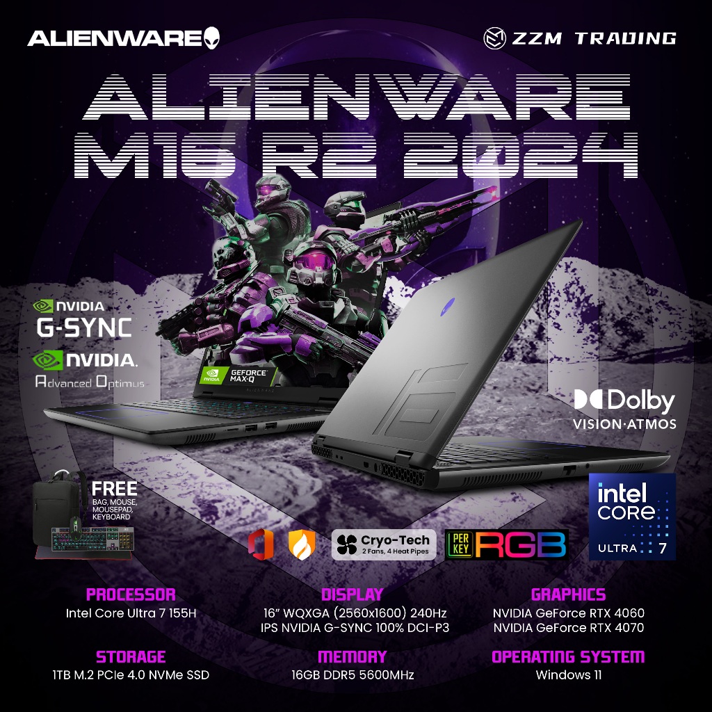 DELL Alienware M16 R2 2024 Intel Ultra 7 RTX4070 16" 2.5K 240Hz G-SYNC ...