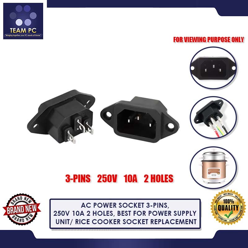 AC POWER SOCKET 3-PINS, 250V 10A 2 HOLES, BEST FOR POWER SUPPLY UNIT ...