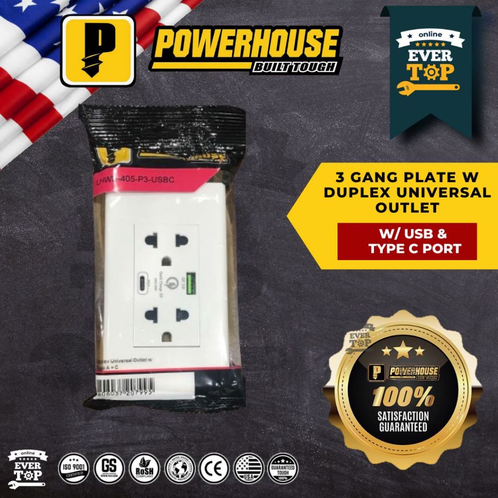 POWERHOUSE Electric 3 Gang Plate w/Duplex Universal Outlet W/USB & Type ...