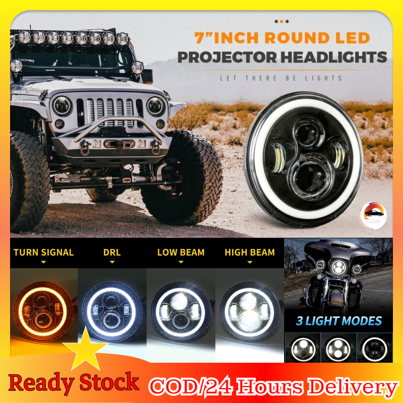 7 Inch LED Jeep Headlights 140W 12-24V DRL Hi/Lo Beam Ring Amber Angel ...