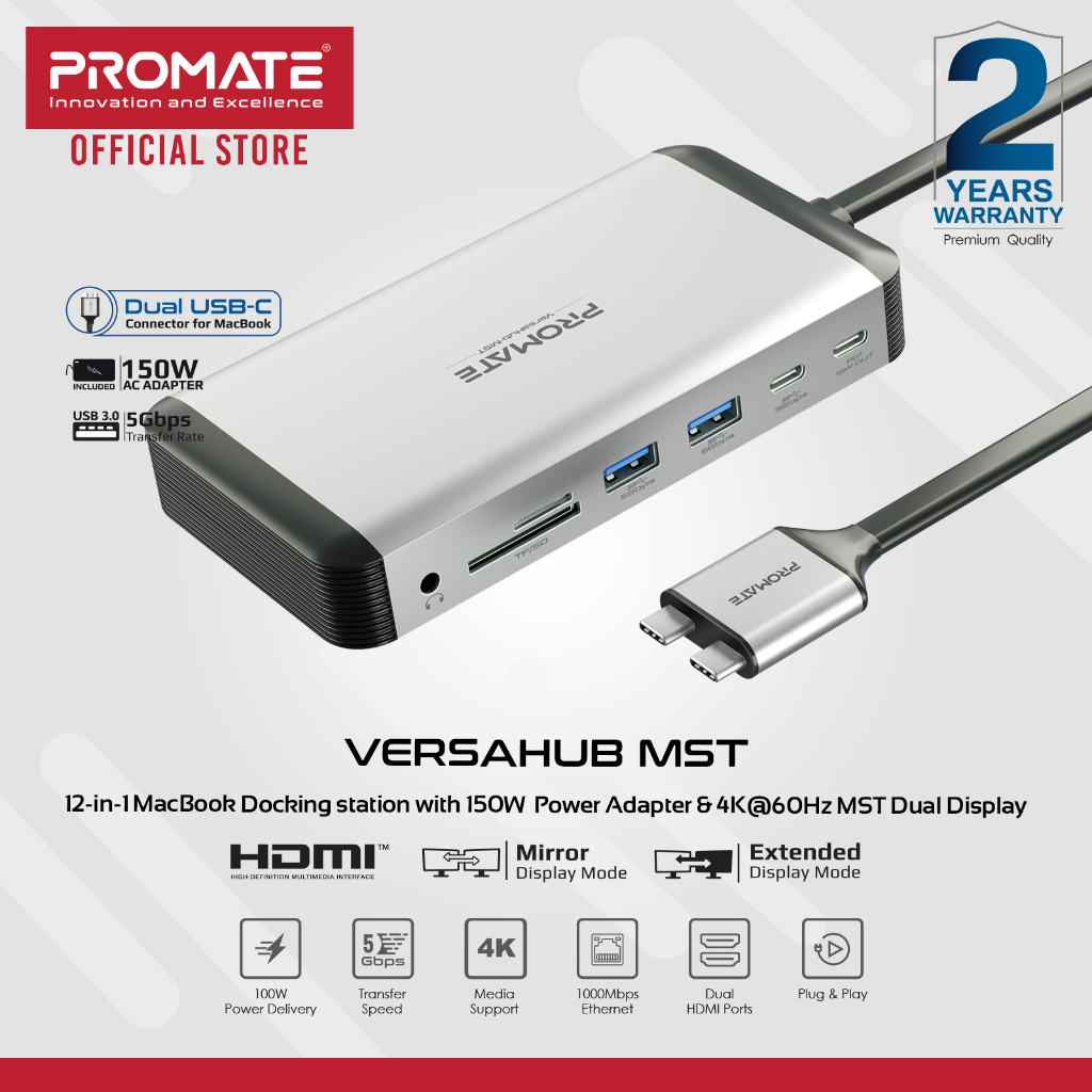 Promate Versahub-MST 150W Power Adapter 4K60Hz MST Dual Display Hub ...