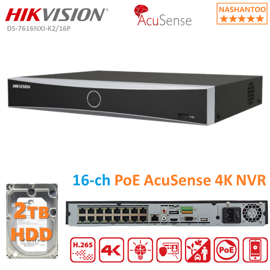HIKVISION DS-7616NXI-K2/16P 16Channel 16 PoE NVR, 2SATA Interface Network Video Recorder (With ...