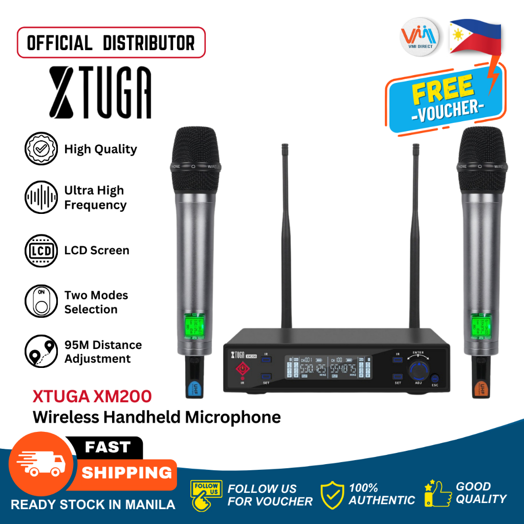 XTUGA XM200 Professional 2 Channel UHF Wireless Microphone System True Diversity Wireless ...