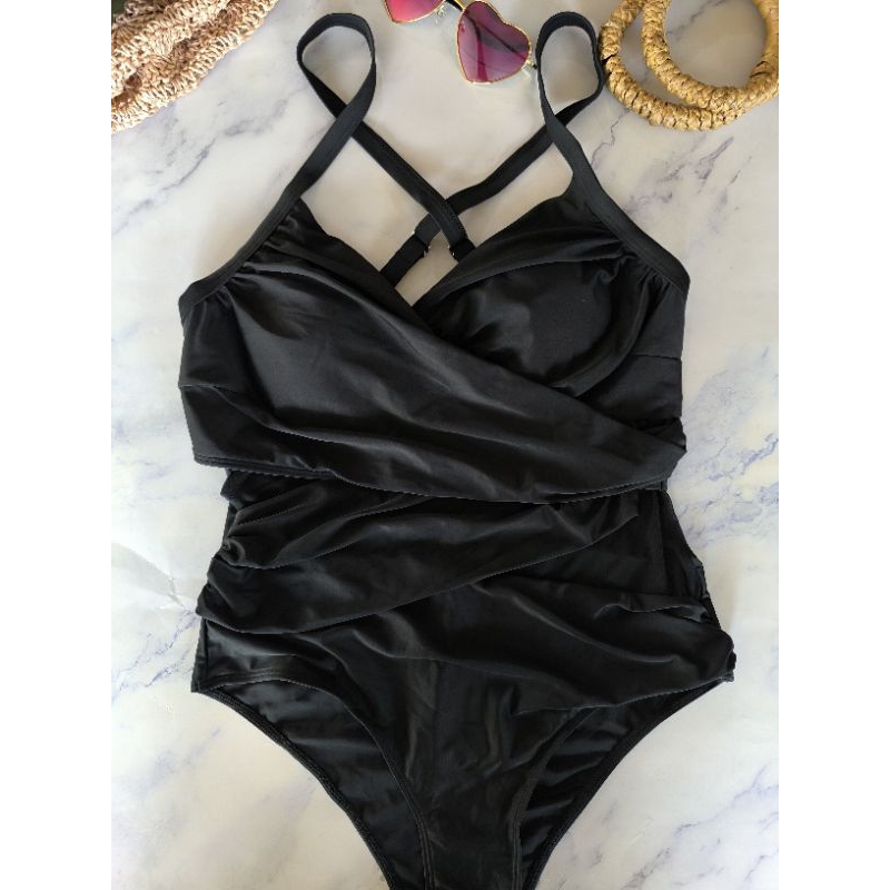 Plus Size 0XL One Piece Black Overlap Ruched Criss-cross Back Swimsuit ... Plus Size 0XL One Piece Black Overlap Ruched Criss-cross Back Swimsuit ...