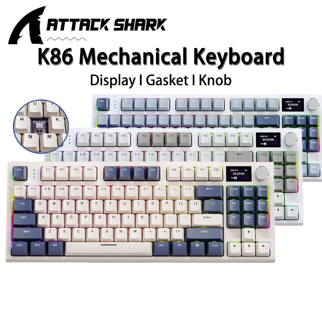 Attack shark K86 Hot-Swappable Mechanical Keyboard Tri-mode Wireless RGB Display Gasket Knob ...