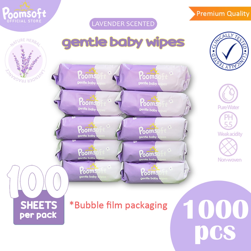Poomsoft 10 Packs x 100 Sheet Baby Wipes Lavender Scent Gentle Alcohol-Free Disposable Cotton ...