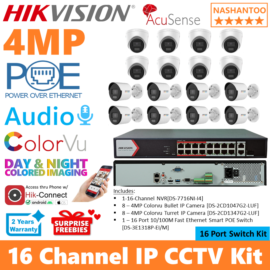 Hikvision 16Channel 4MP Colorvu Audio PoE 16Cameras Outdoor IP CCTV ...