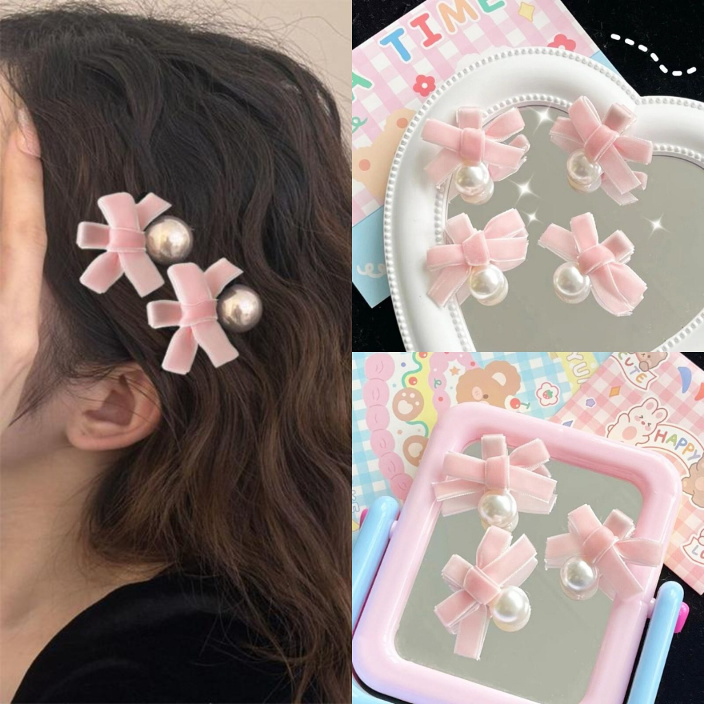 GD Girl Hair Clip Pink Velvet Pearl Hair Clip Sweet Cute Bangs Clip ...
