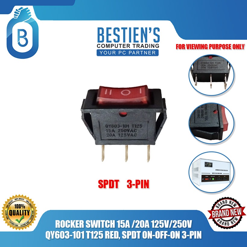 ROCKER SWITCH 15A /20A 125V/250V QY603-101 T125 RED, SPDT ON-OFF-ON 3 ...