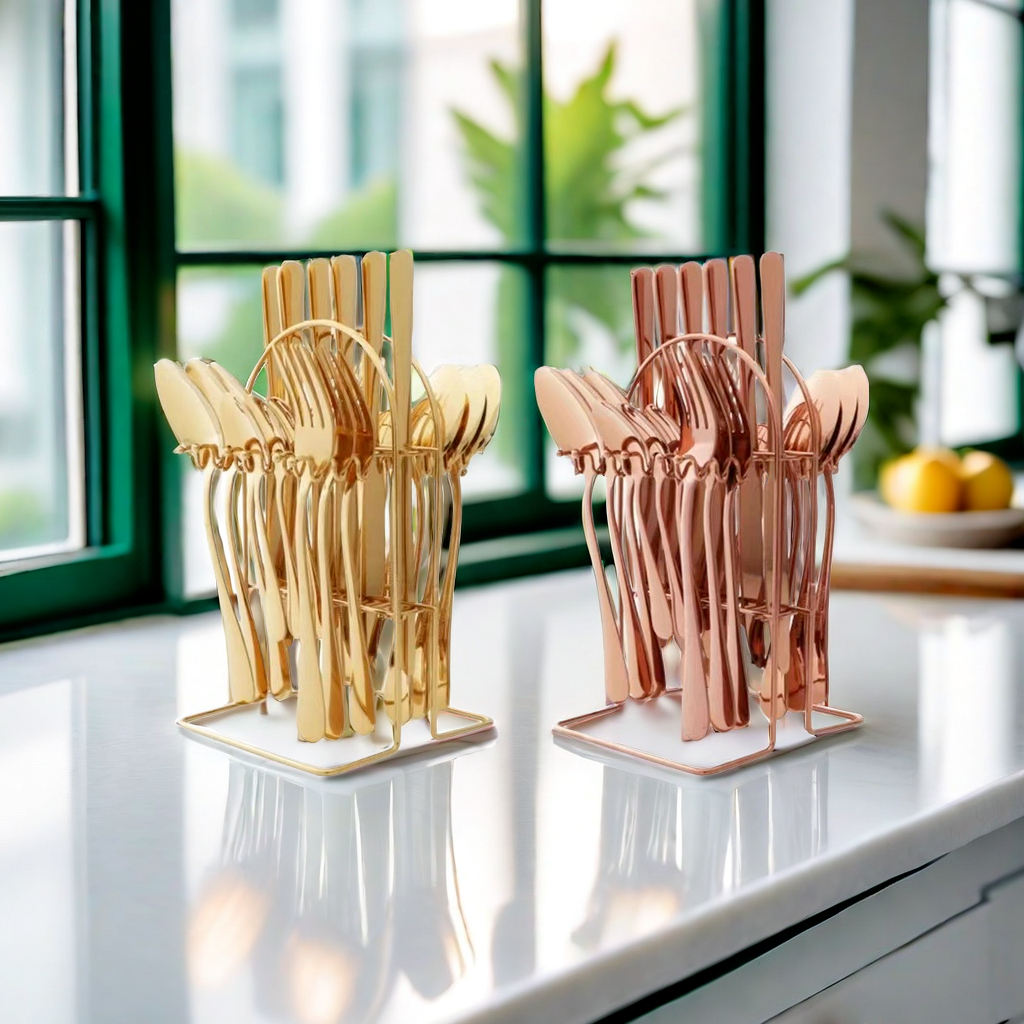 24pcs Cutlery Rack Set Gold stainless steel cutlery set of western ...