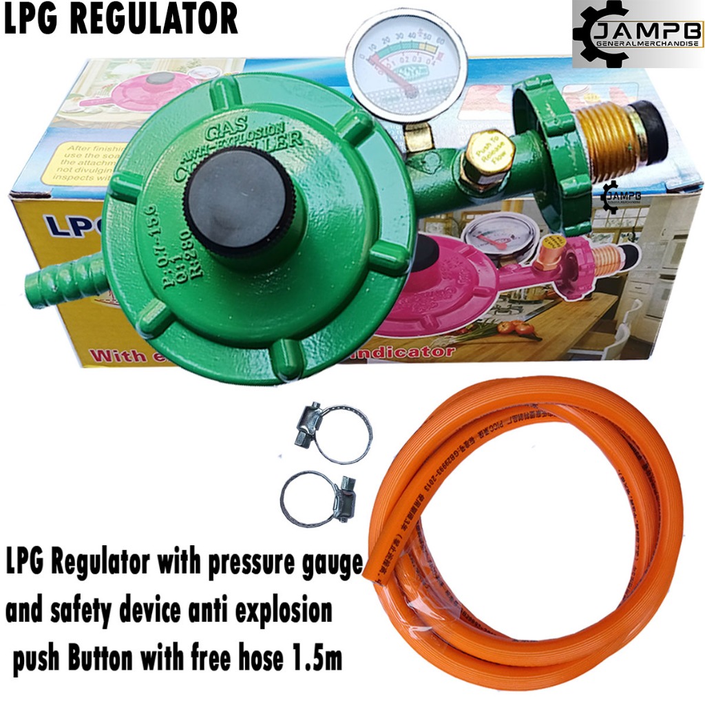 LPG Regulator with Gauge and Hose 1.5 m safe for fire explosion with ...