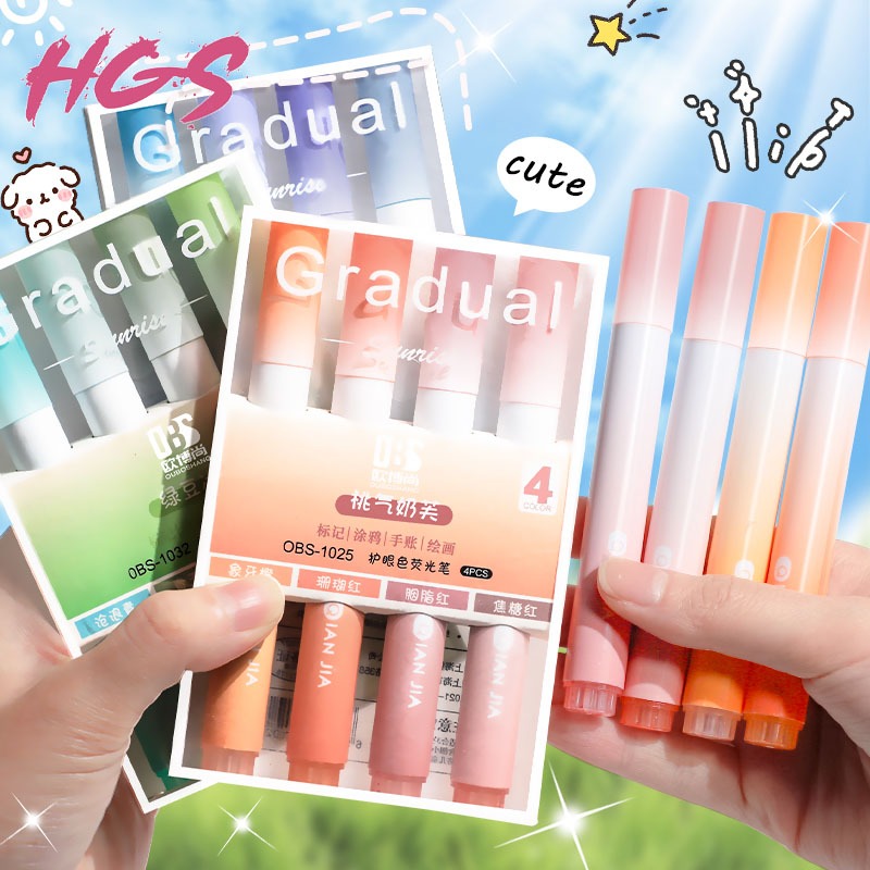 HGS 4pcs 4 Colors Highlighter Pen Set Korean Gradual Highlighter Pastel ...