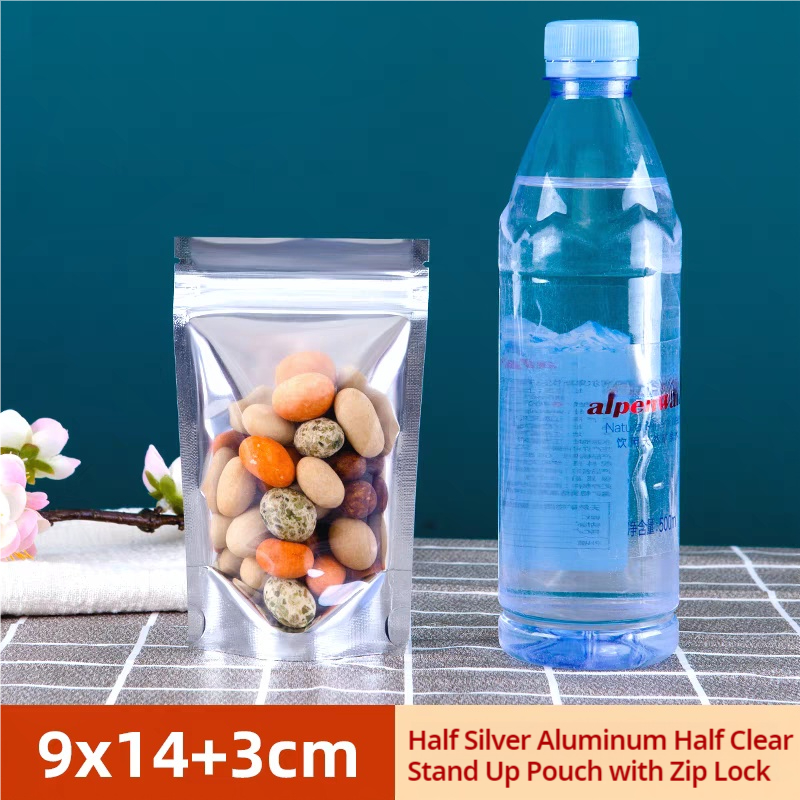 50-100 pcs Half Silver Aluminum Half Clear Stand Up Pouch with Zip Lock Packaging Ziplock ...