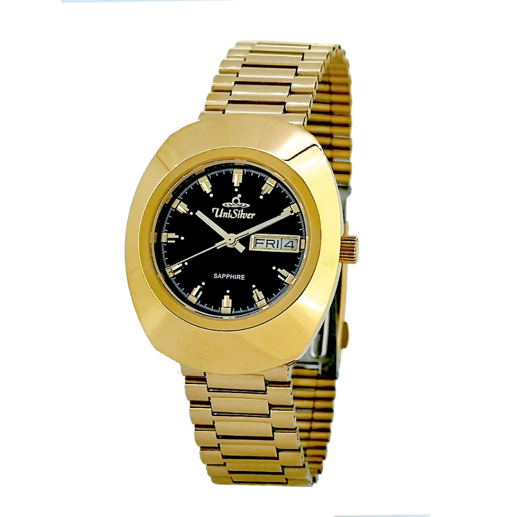 UniSilver TIME Men's Gold / Black Sapphire Glass Analog Stainless steel ...
