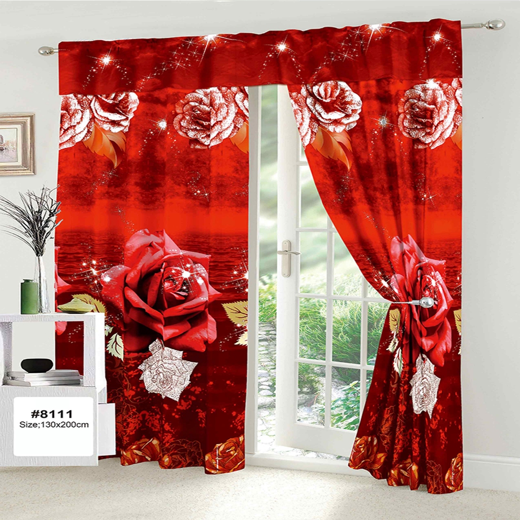 COD Red Curtian Floral Decoration Kurtina Window Home Design No Ring ...