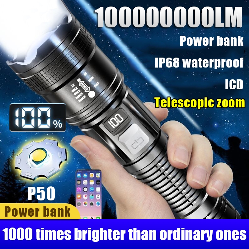 100000W Zoom LED Flashlight Rechargeabl Waterproof Outdoor Heavy Duty ...