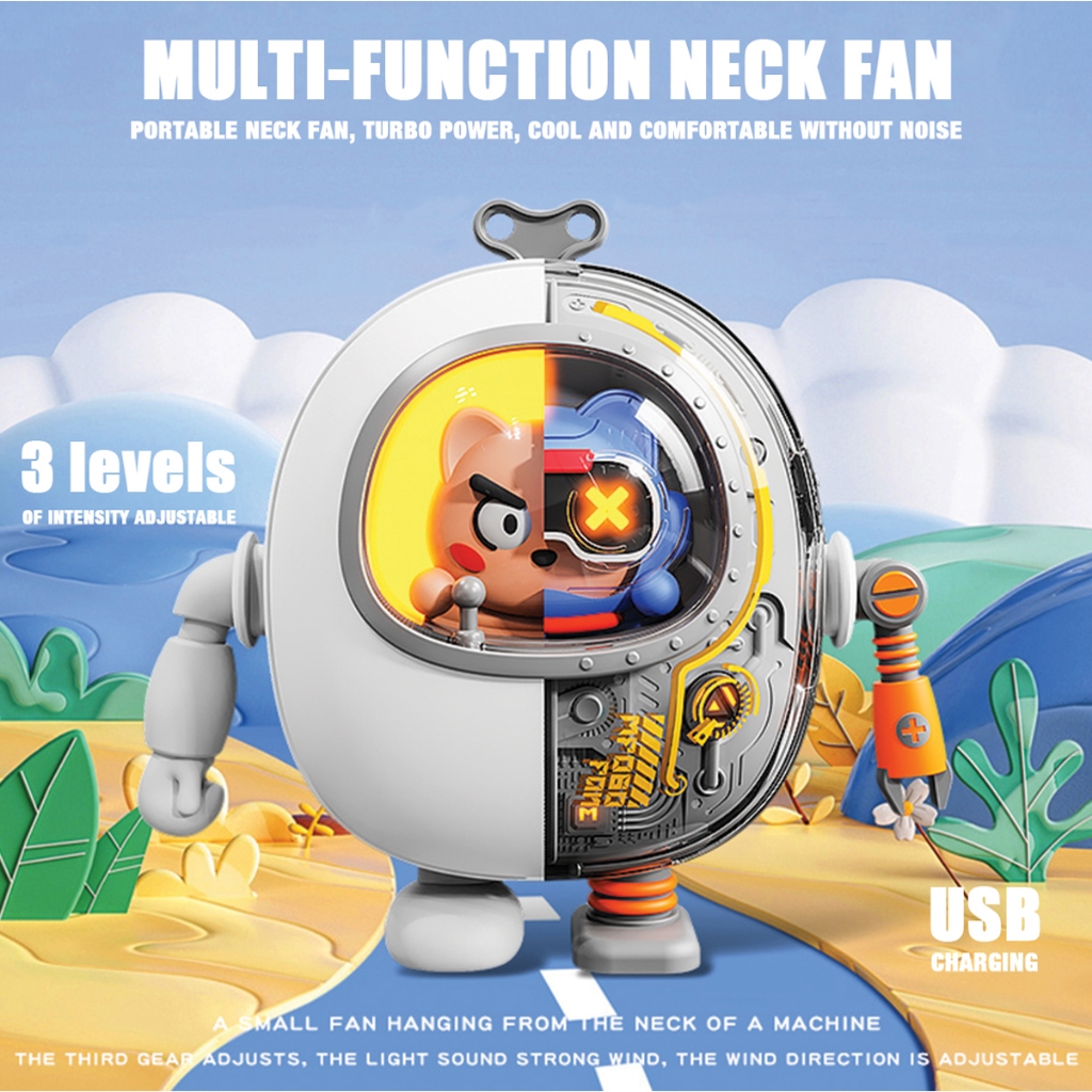 New Mecha Fan Mini Neck Fan 3-speed Adjustable With Night Light Mute ...