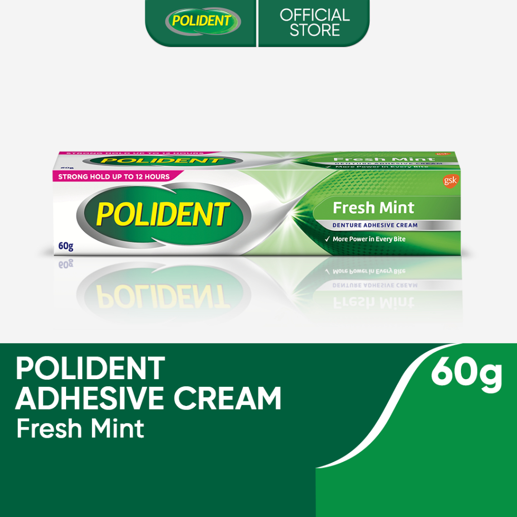 Polident Denture Adhesive Cream Fresh Mint 60g up to 12-hr Strong Kapit ...