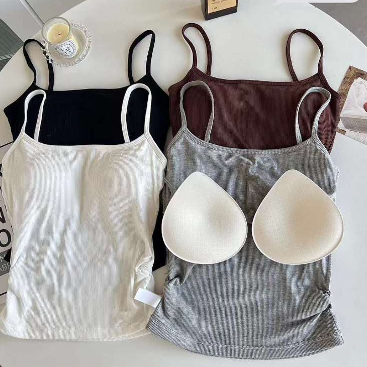 Women's Strap Spaghetti Sando with Breast Pads Cotton Sleeveless Cami ...