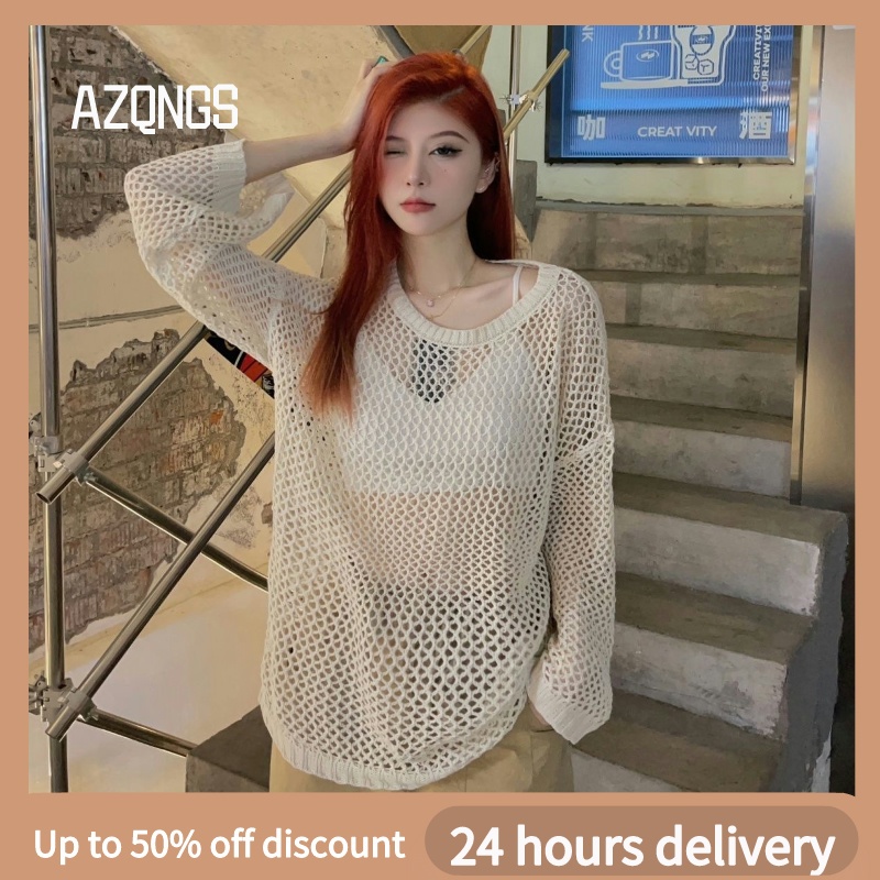 Summer Mesh Top Knitted Sweater Sun Protection Long Sleeves Hollow Top ...