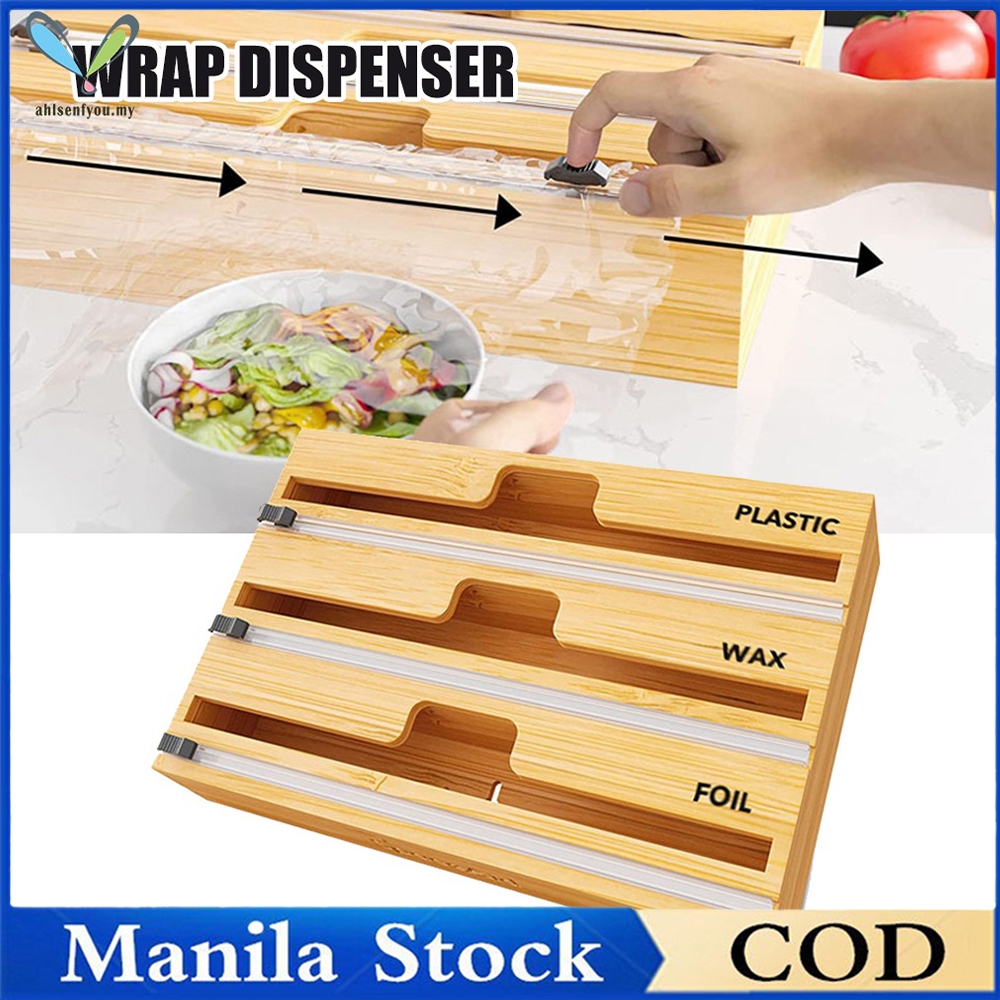 Bamboo 3 Layers cling film cutter storage box Simple kitchen tinfoil ...