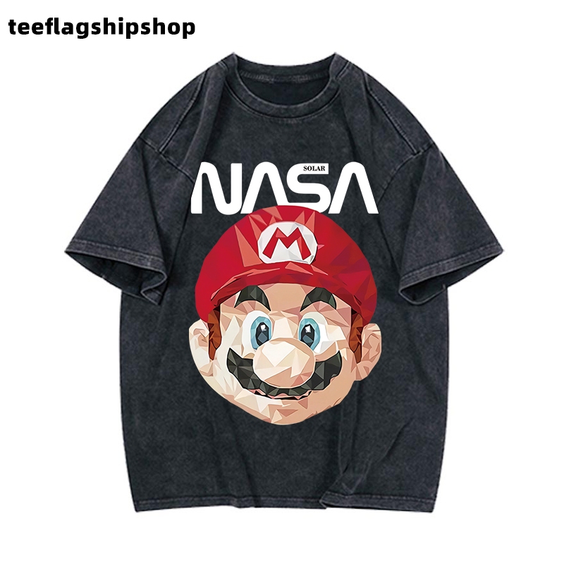 American cotton retro Mario print oversized washed black T-shirt for ...