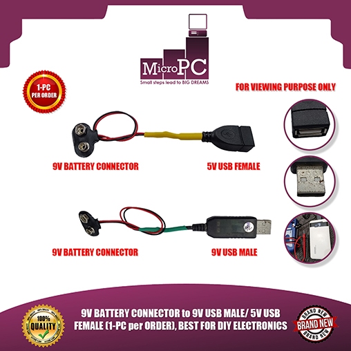 MICRO PC 9V BATTERY CONNECTOR to 9V USB MALE/ 5V USB FEMALE (1-PC per ...