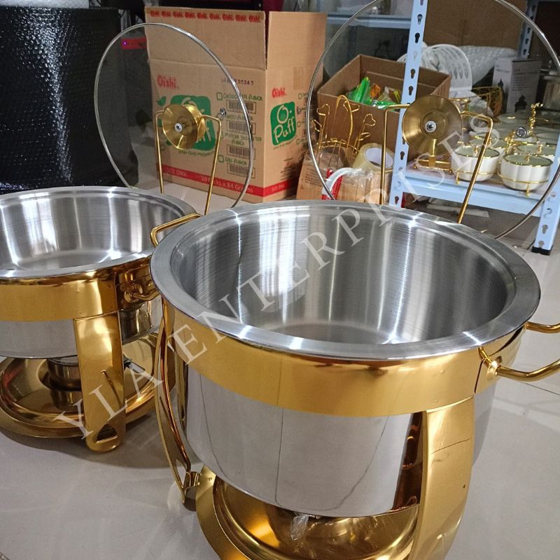 YLA - ROUND CHAFFING WITH GLASS LID AND COVER HOLDER (SILVER & GOLD ...
