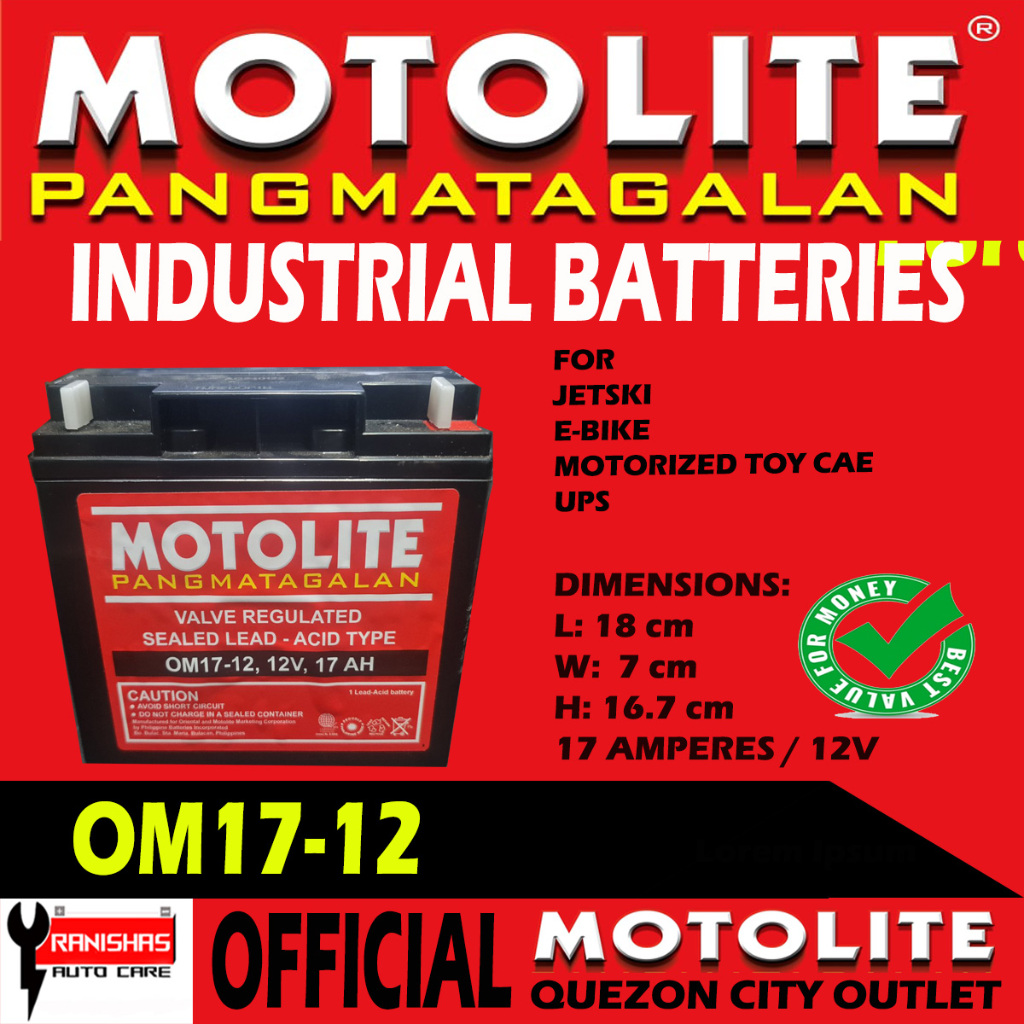 Motolite Jetski OM17-12 VRLA Battery(17Ah 12V) and E-Bike, Generator ...