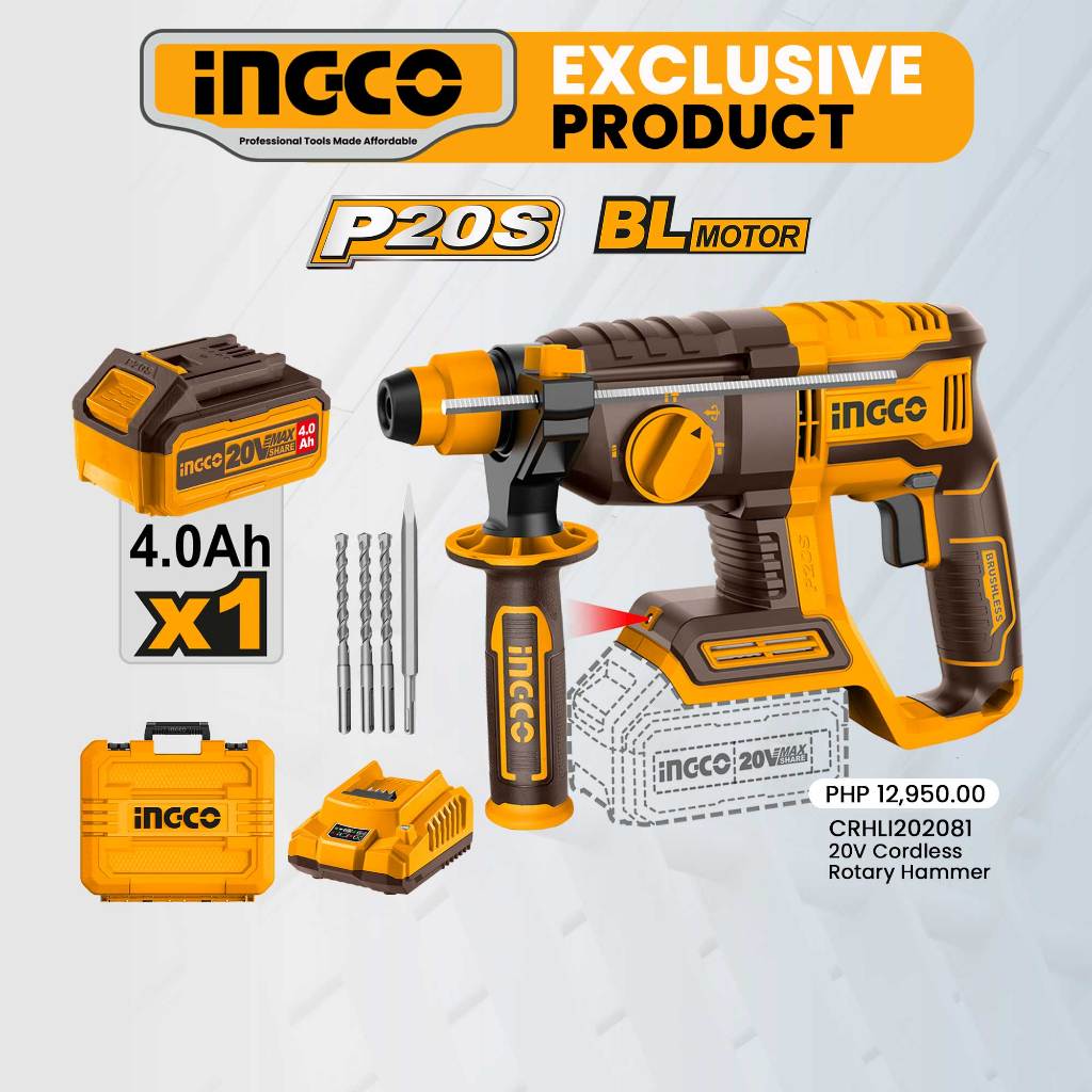 Ingco 20V Lithium-Ion Cordless Rotary Hammer Chipping Gun Brushless ...