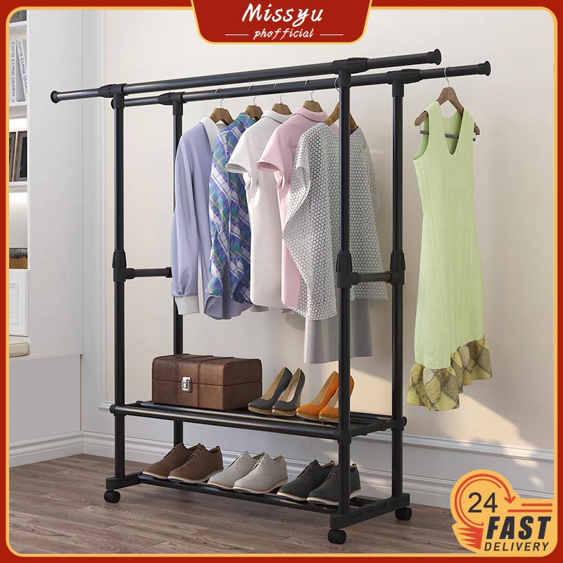Extendable Double Pole Clothes Rack with Wheels Metal Clothes Hanger ...